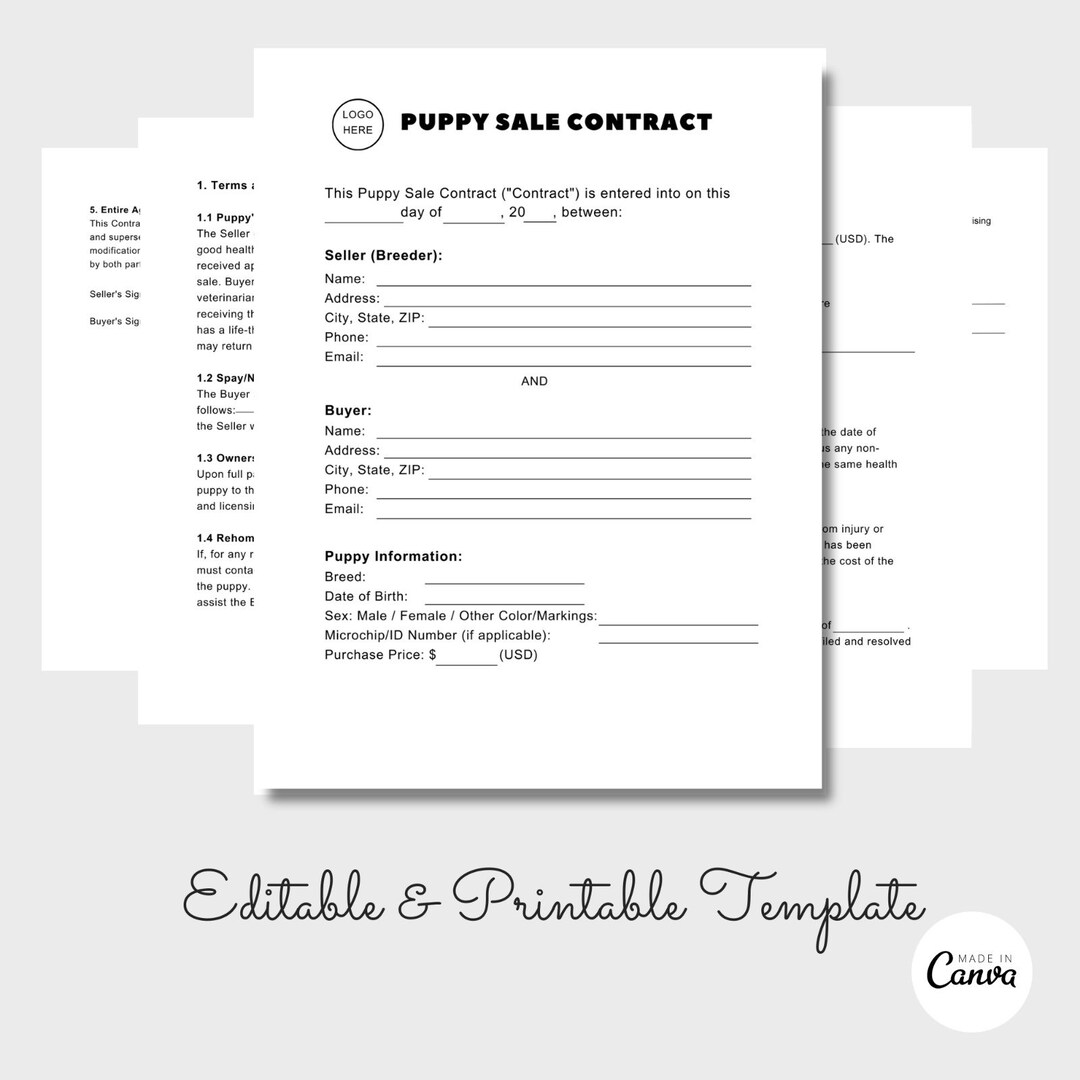Puppy Sale Contract Agreement, 4 Page Canva Template, Puppy Purchase ...