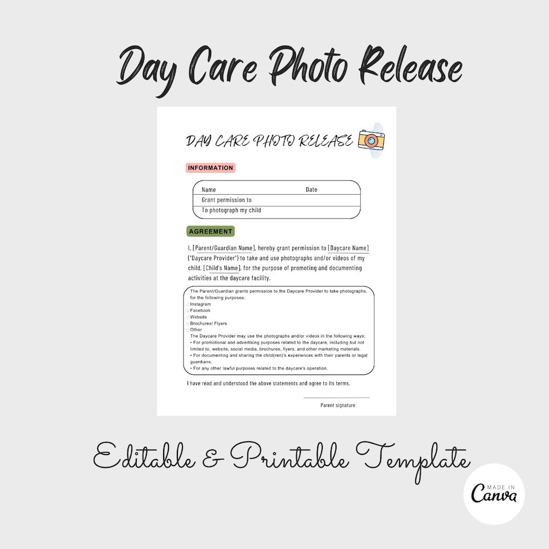 Photo Release Form Childcare, Daycare Photo Release Form, Video Release ...