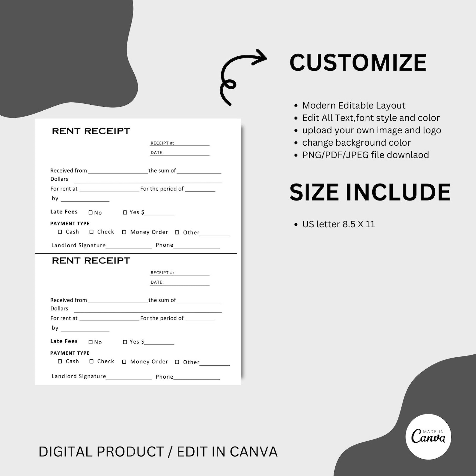 Printable Rent Receipt, Sales Receipt, Editable Receipt Template ...