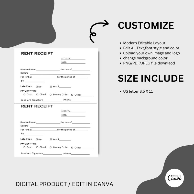 Printable Rent Receipt, Sales Receipt, Editable Receipt Template ...