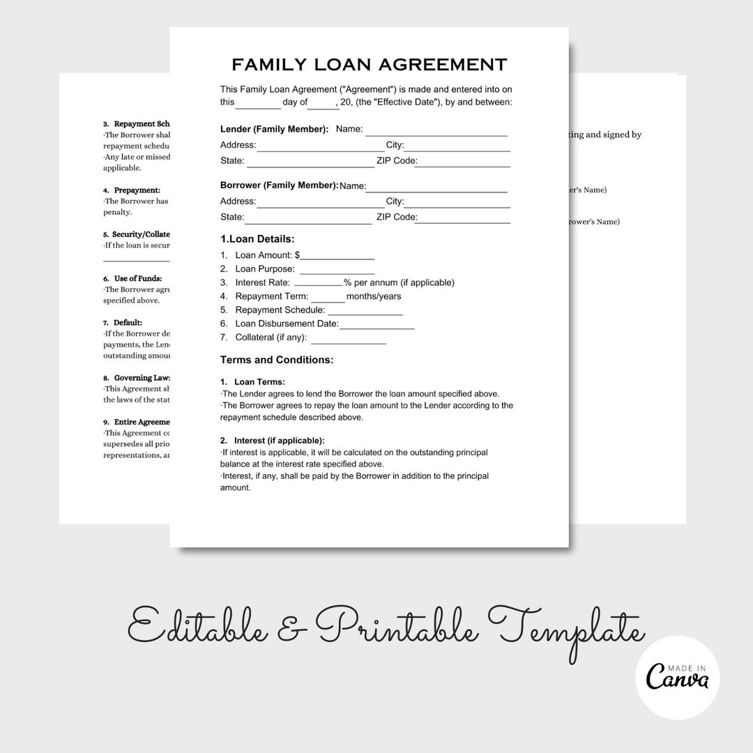 Family Loan Agreement, Simple Family Loan Contract, Family Loan Form ...
