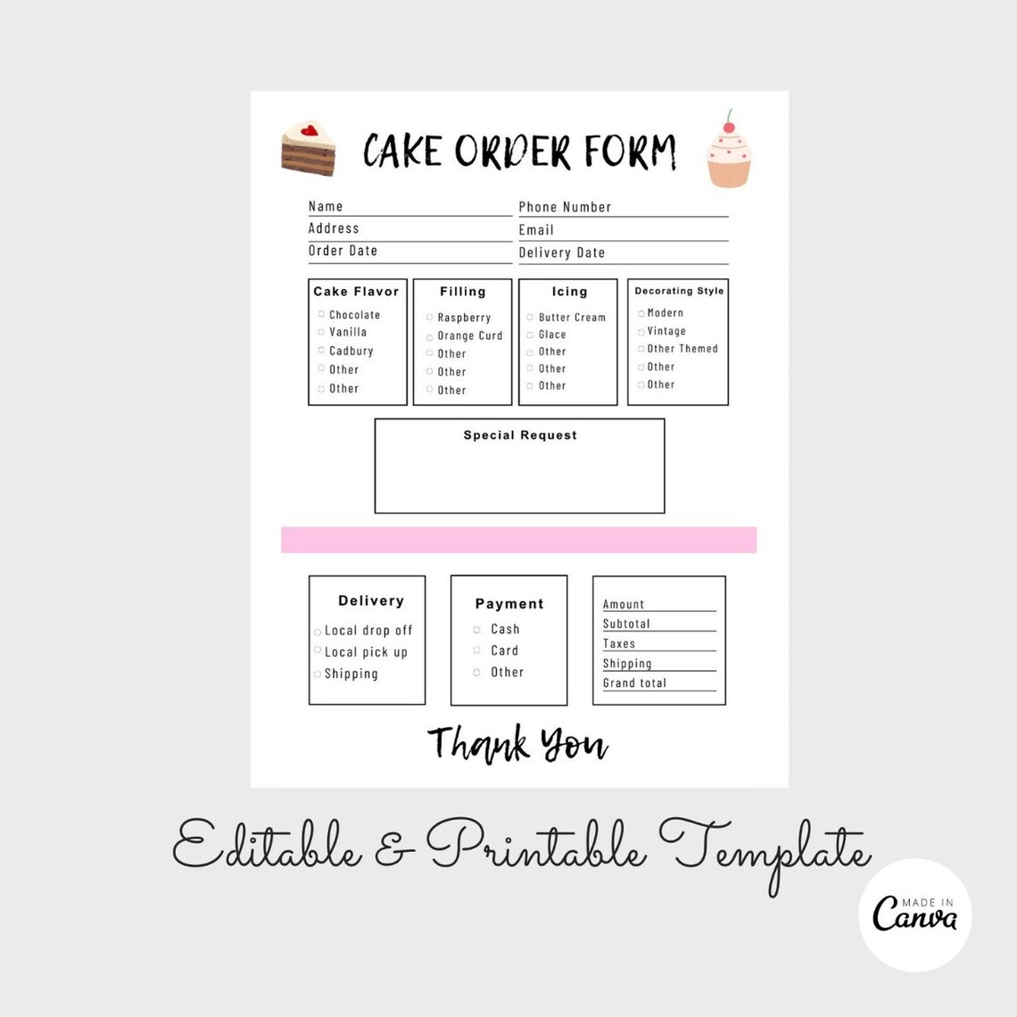Cake Order Form, Editable Bakery Order Form, Cookie Order Form, Cupcake ...