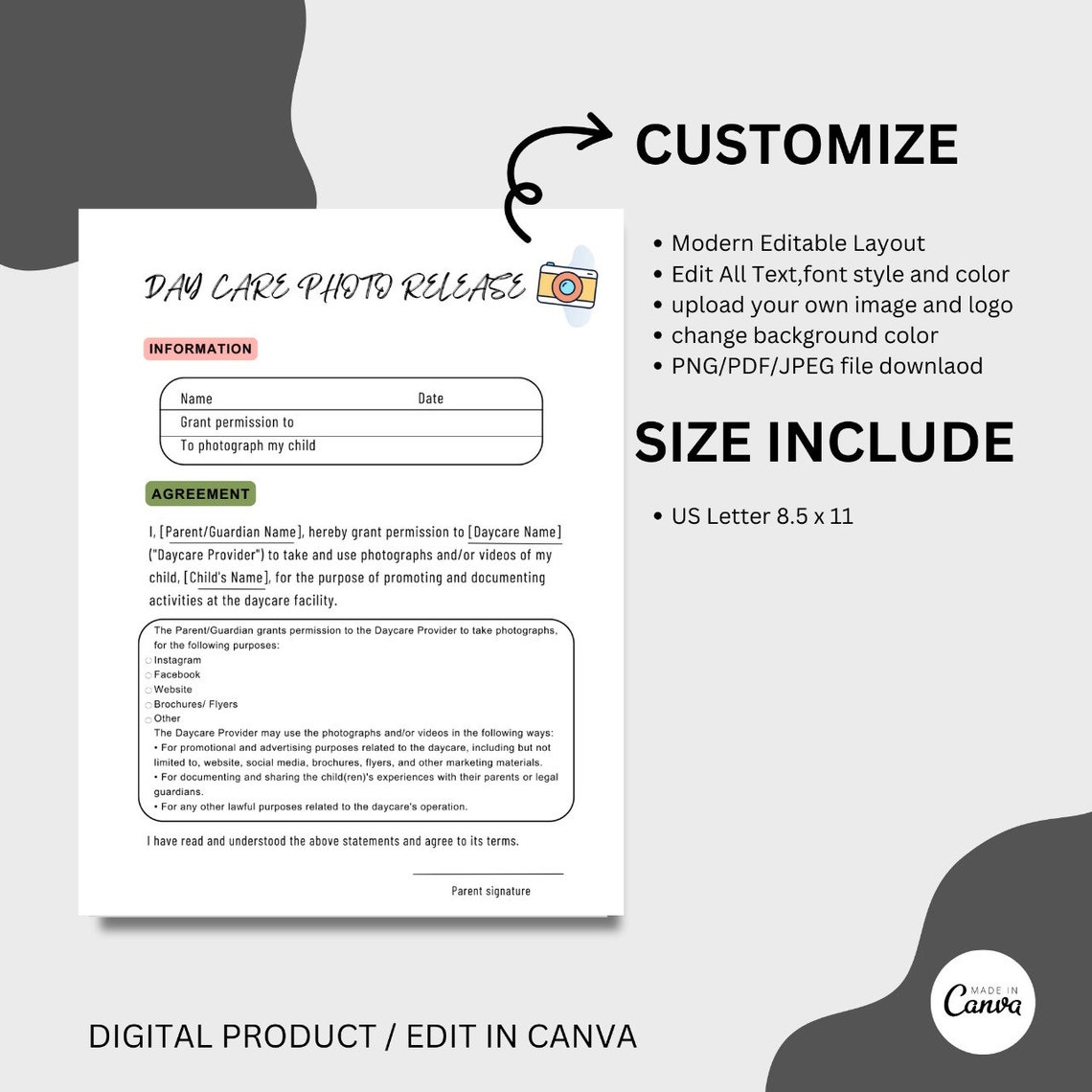 Photo Release Form Childcare, Daycare Photo Release Form, Video Release ...