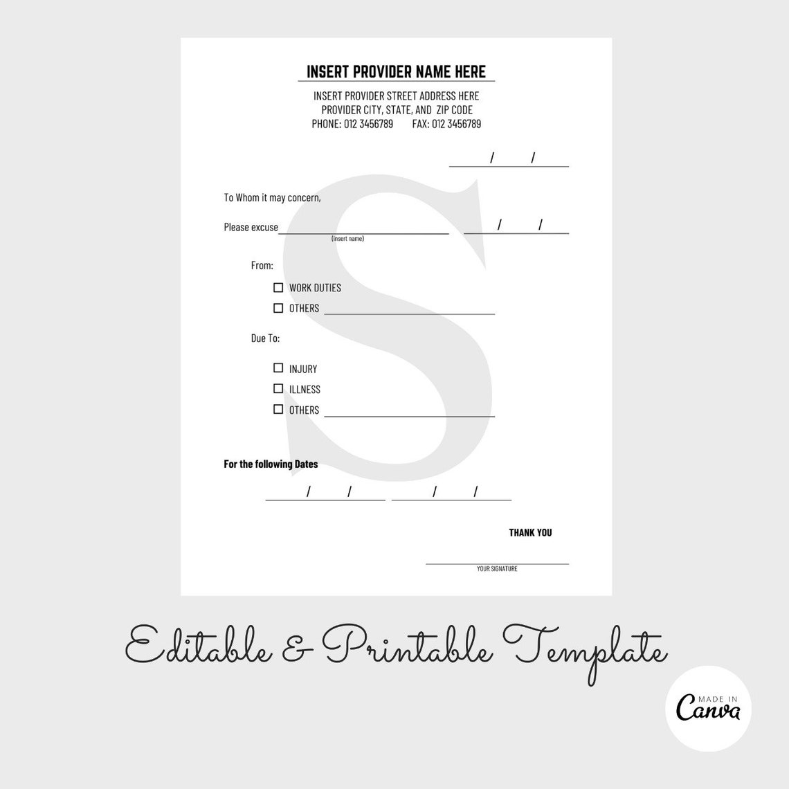 Editable Doctors Excuse Note, Printable Doctor Excuse Letter, Doctors ...
