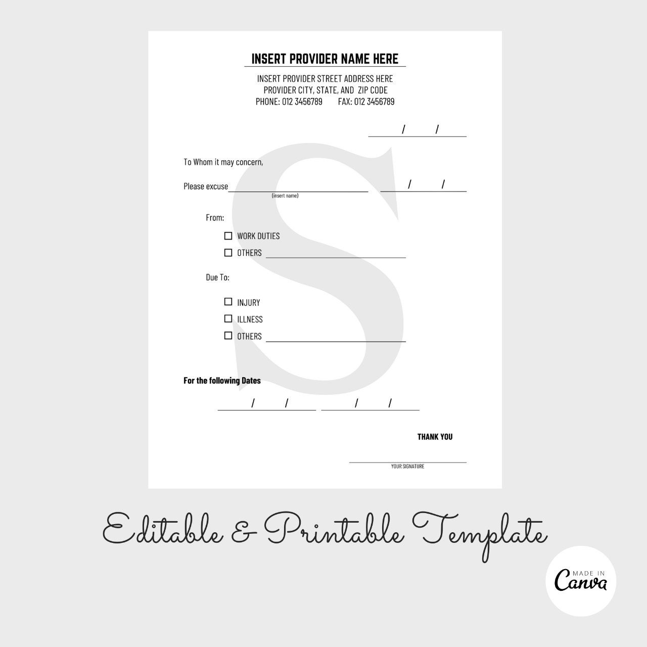 Editable Doctors Excuse Note, Printable Doctor Excuse Letter, Doctors ...
