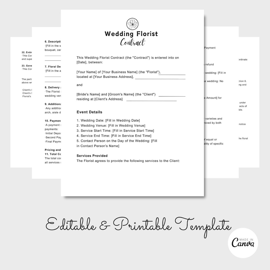 Wedding Florist Contract, Florist Agreement for Wedding, Event Flowers ...