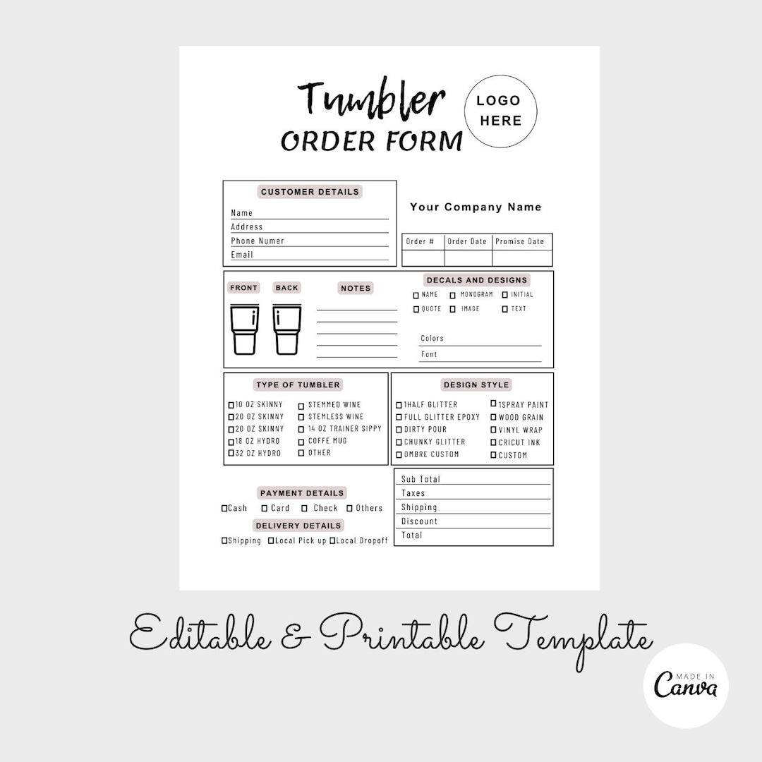 Tumbler Order Form Template, Tumbler Order Form Printable, Editable ...