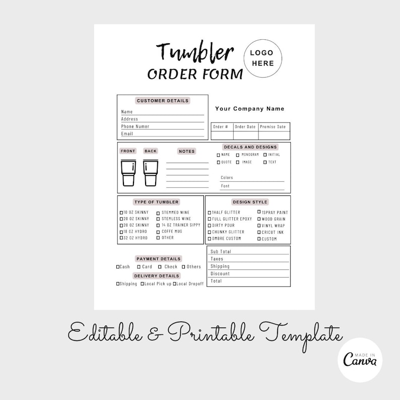 Tumbler Order Form Template, Tumbler Order Form Printable, Editable ...