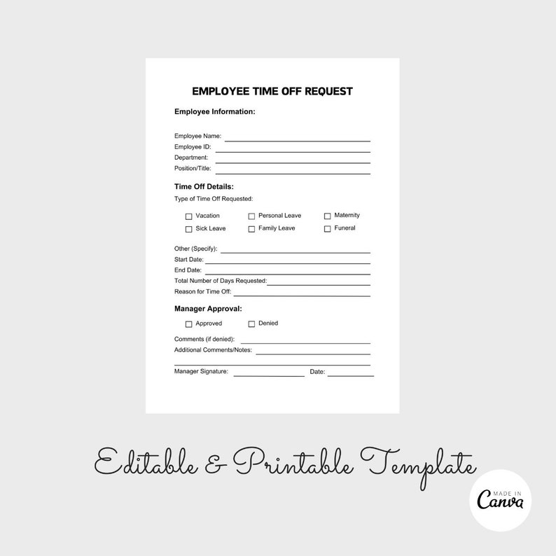 Employee Time off Request Template, Time off Request Form, PTO Request ...