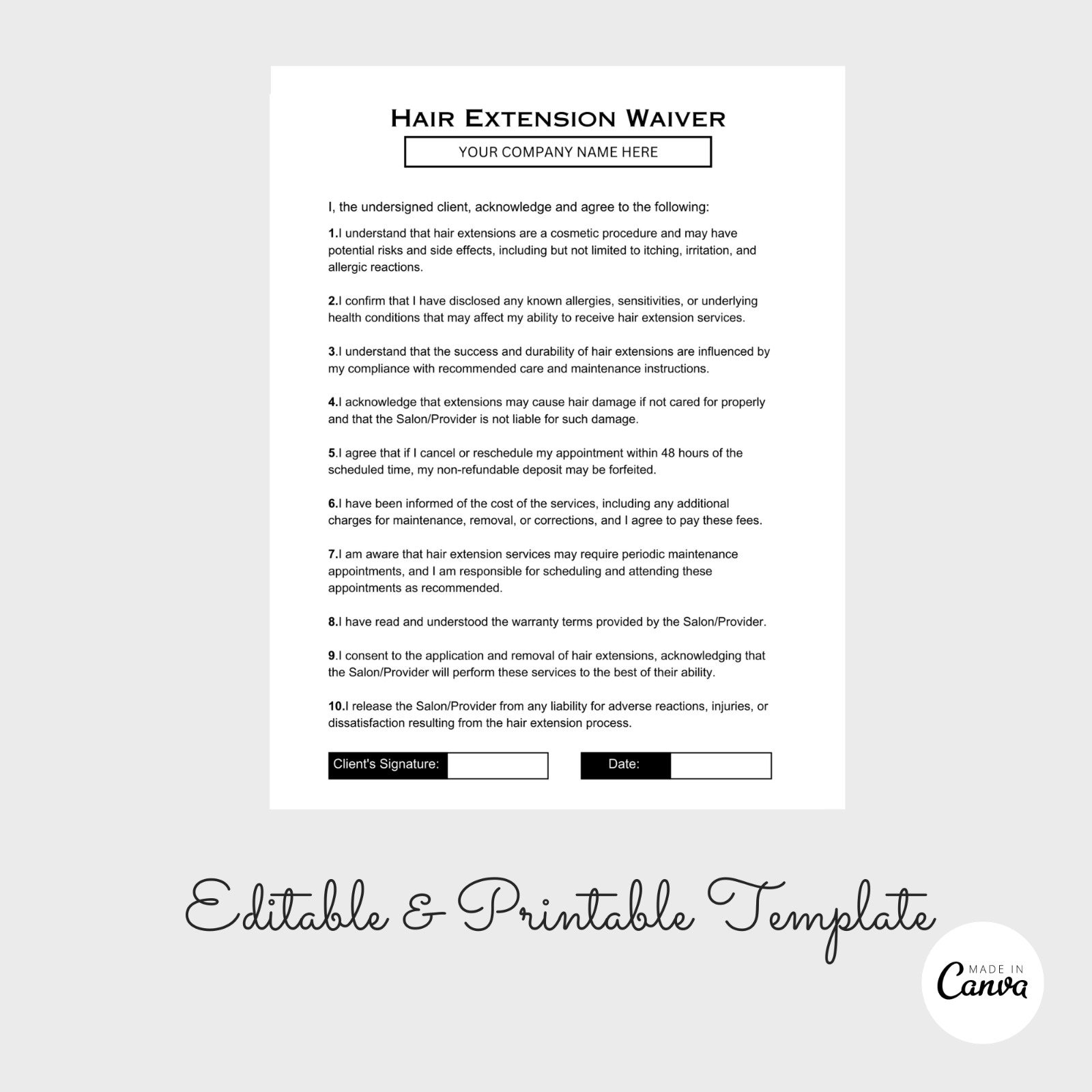 Hair Extension Waiver, Hair Extension Consent Form, Hair Extension ...