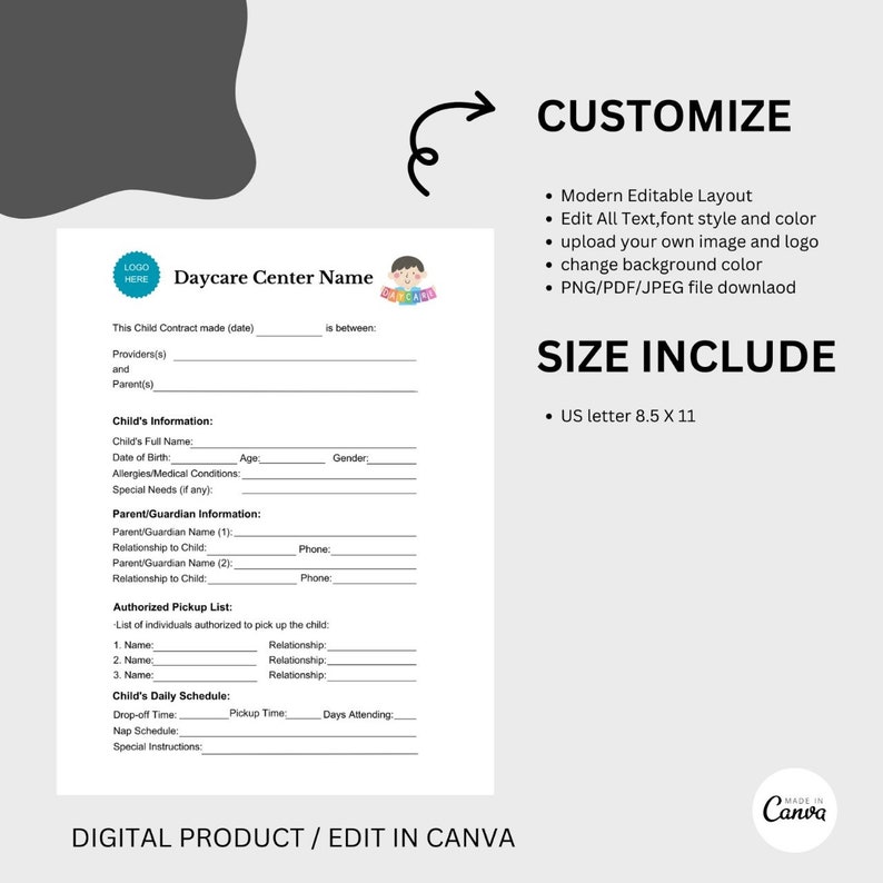 Editable Daycare Contract, Daycare Forms, Childcare Forms, Daycare ...