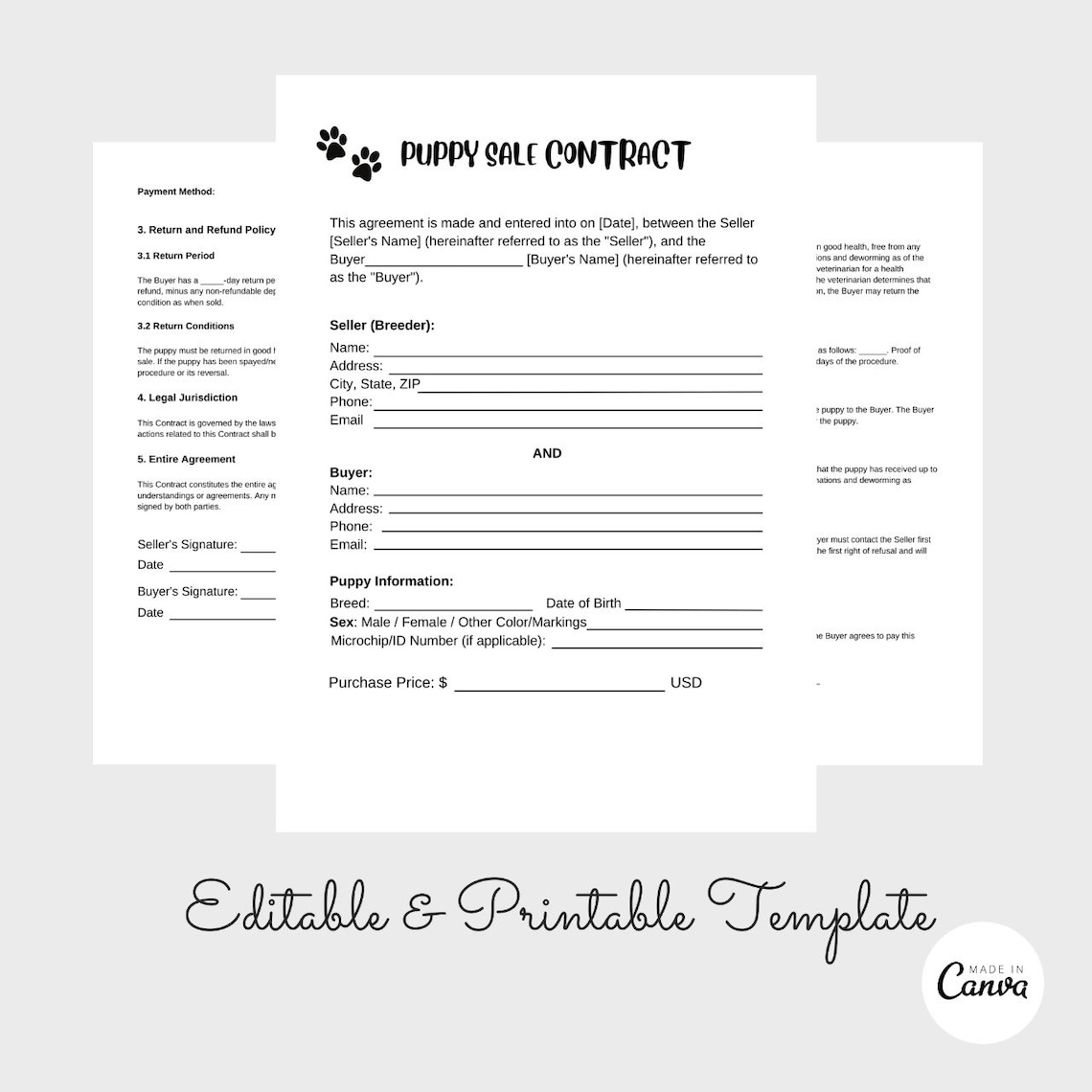 Puppy Sale Contract Agreement, 4 Page Canva Template, Puppy Purchase ...