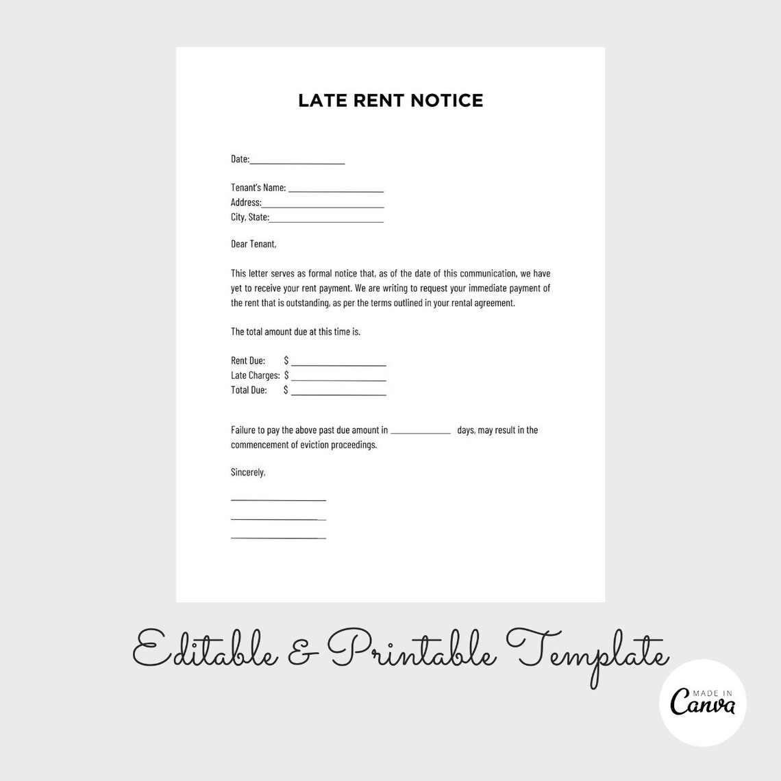 Late Rent Notice, Past Due Rent Notice, Notice to Pay or Quit, Tenant ...