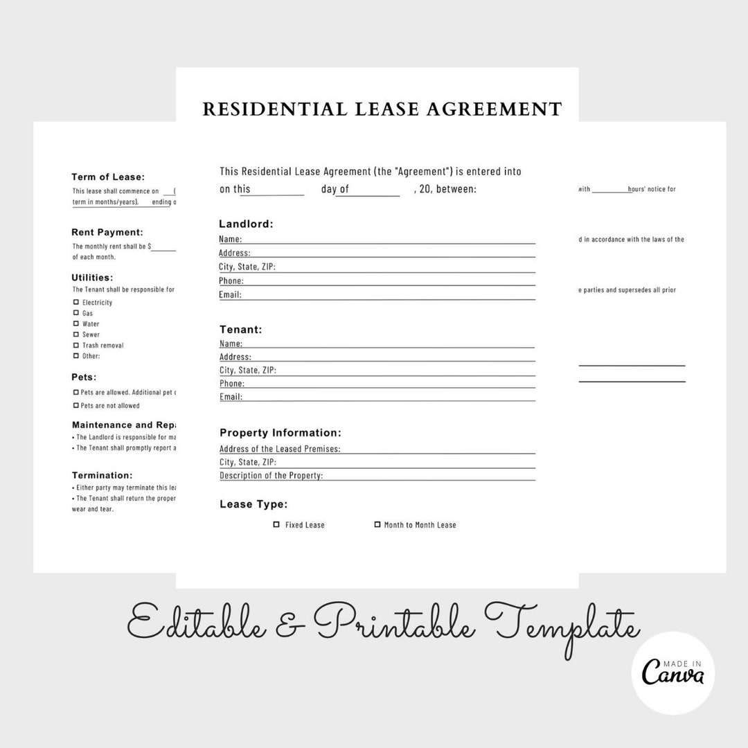Editable Residential Lease Agreement, Lease Agreement Contract ...