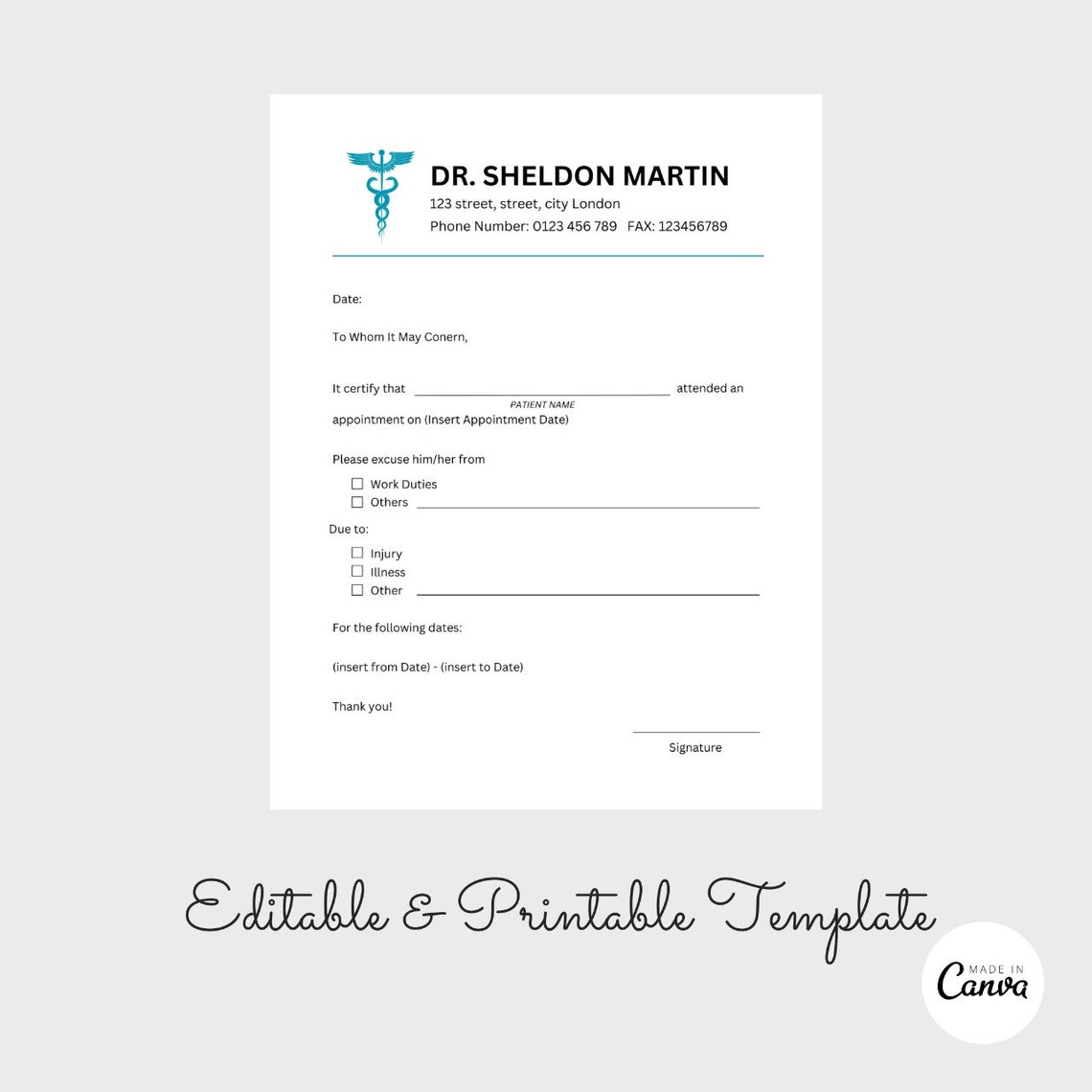 Editable Doctors Excuse Note Printable Doctor Excuse Letter Doctors