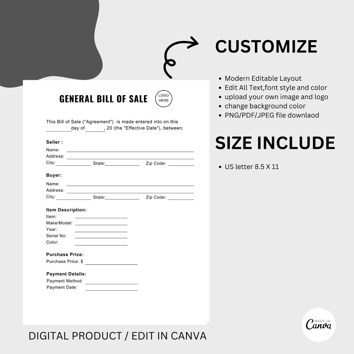 General Bill of Sale, Bill of Sale Template, Fillable Bill of Sale PDF ...