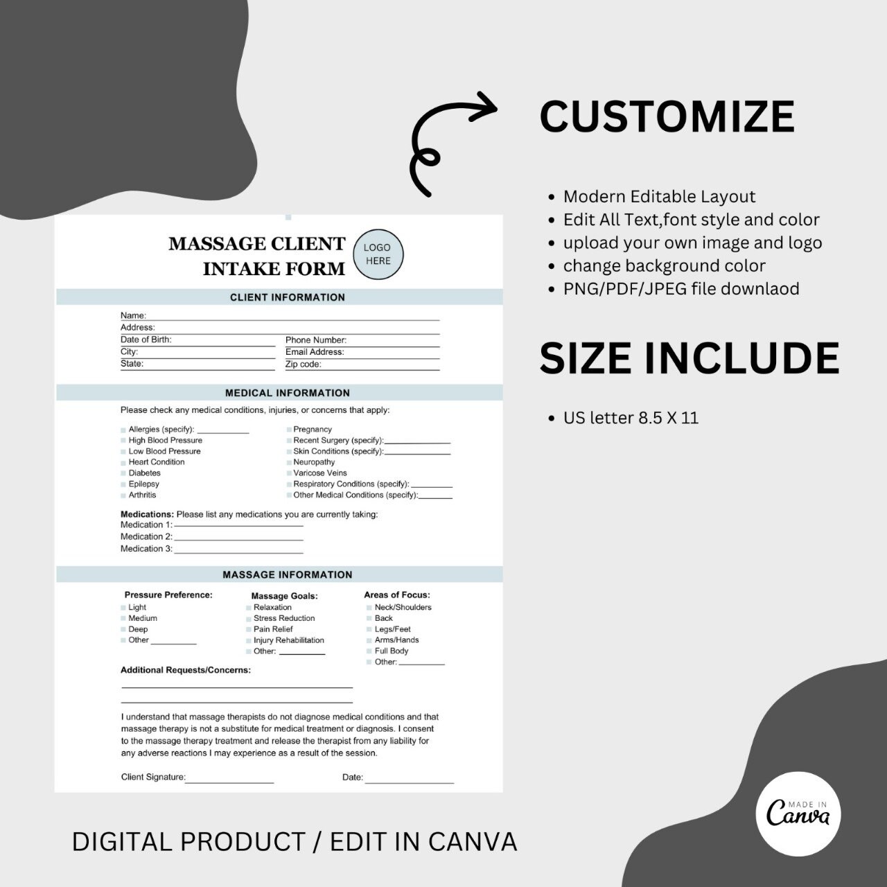 Massage Client Intake and Consent Form, Client Treatment Form, Massage ...