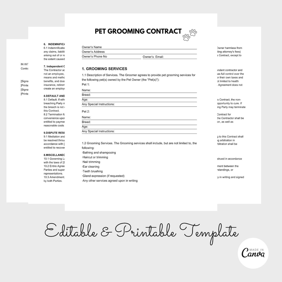 Pet Grooming Agreement Template, Editable Pet Grooming Form, Grooming Contract, Dog Cat Contract ...