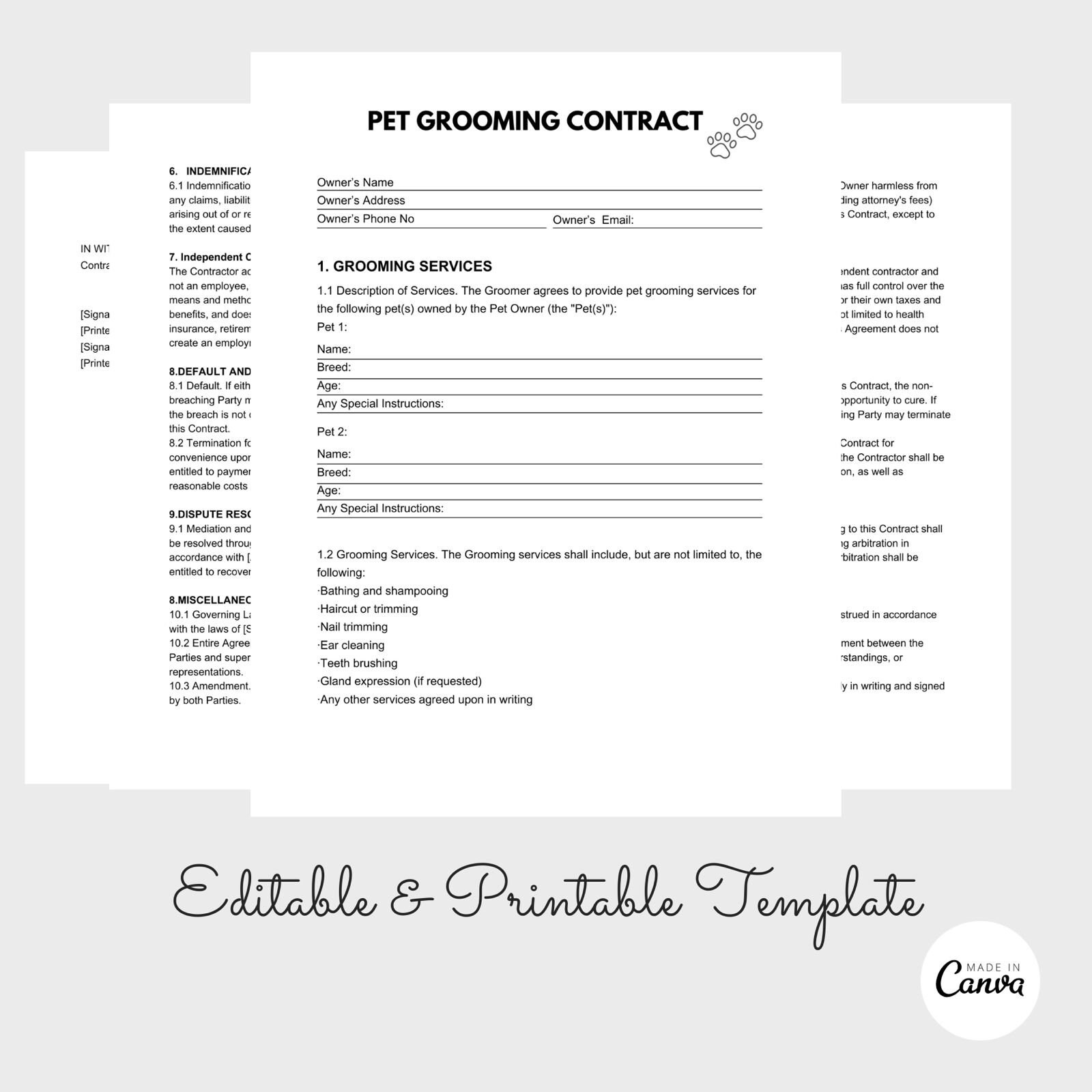 Pet Grooming Agreement Template, Editable Pet Grooming Form, Grooming ...