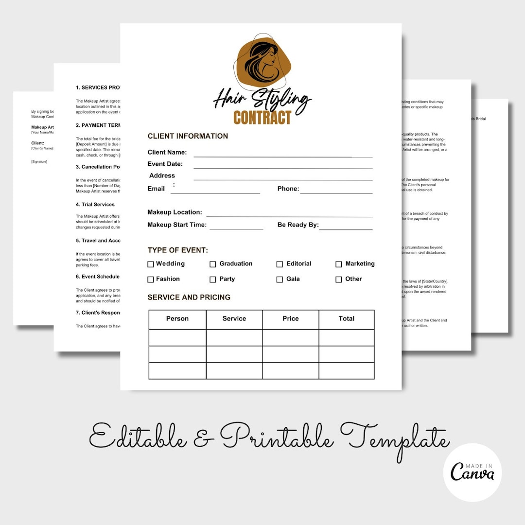 Hair Styling Contract Template, Wedding Hair Styling Service, Editable ...
