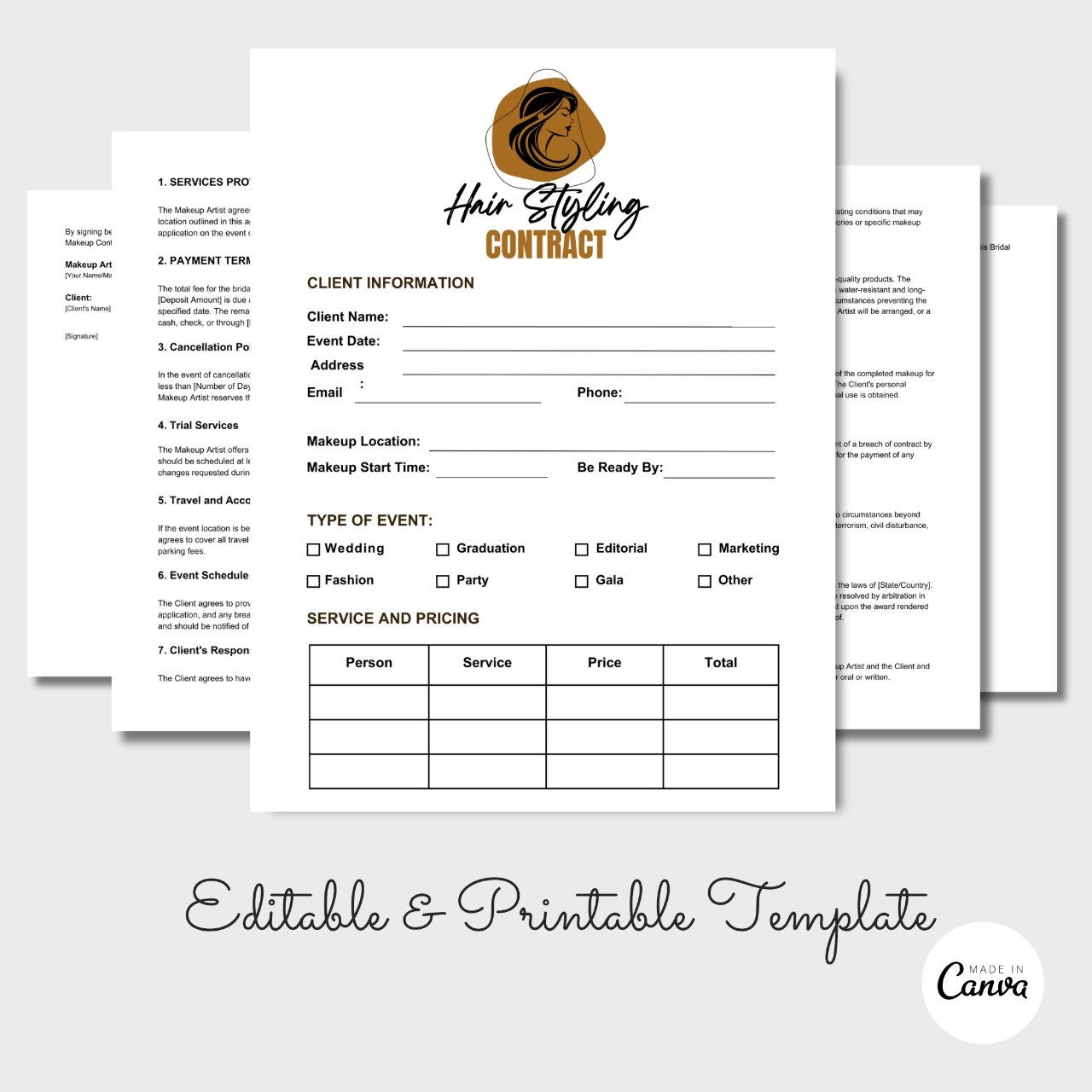 Hair Styling Contract Template, Wedding Hair Styling Service, Editable ...