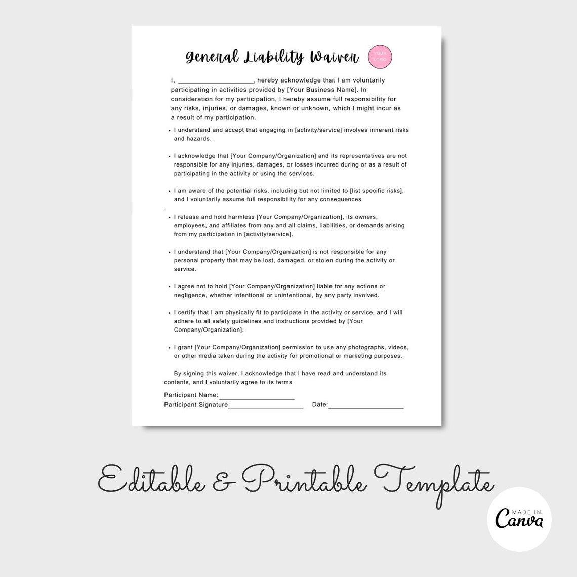 General Liability Waiver Template, Liability Form Agreement, Liability ...