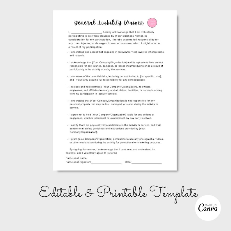 General Liability Waiver Template, Liability Form Agreement, Liability ...