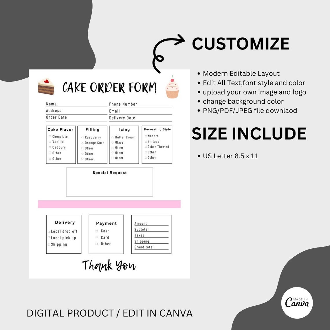 Cake Order Form, Editable Bakery Order Form, Cookie Order Form, Cupcake ...