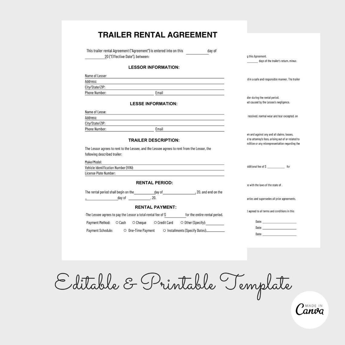 Trailer Rental Agreement, Trailer Lease Contract, Trailer Rental ...