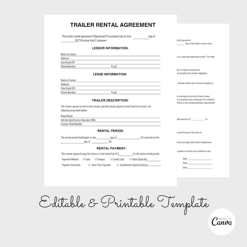 Trailer Rental Agreement, Trailer Lease Contract, Trailer Rental ...