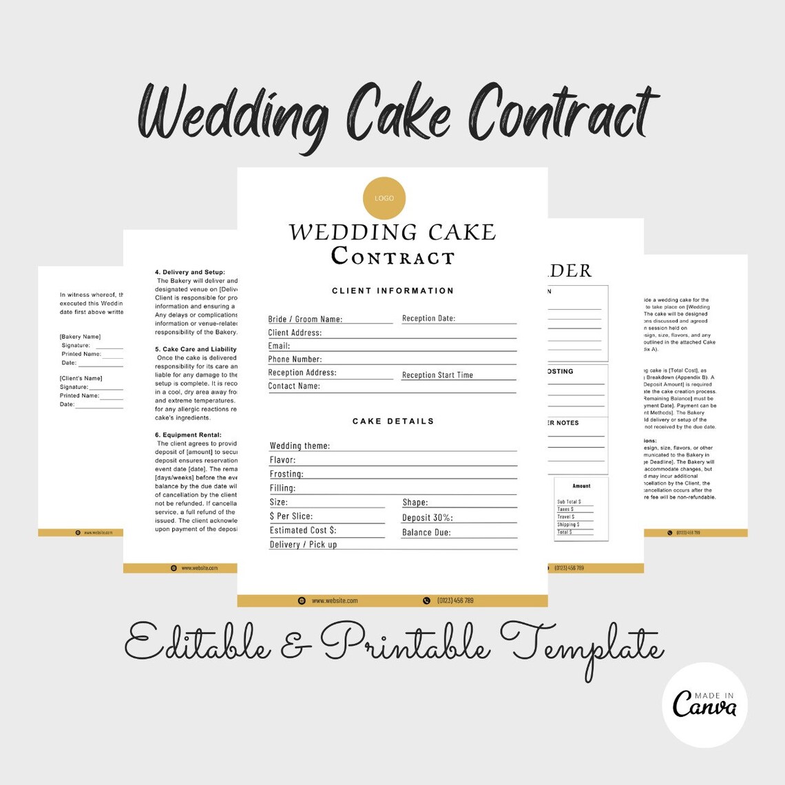 Wedding Cake Contract, Bakers Contract, Catering Agreement Form for ...