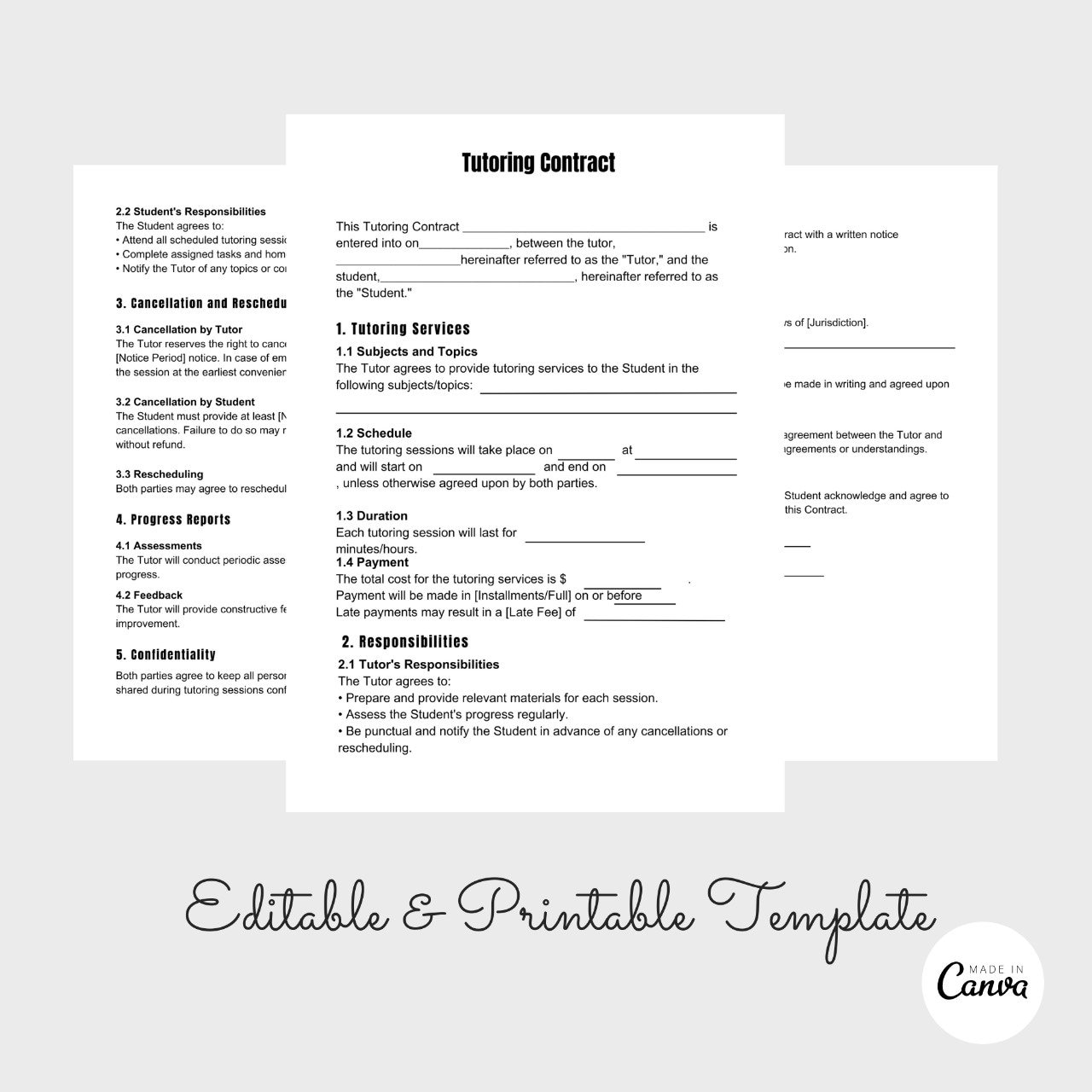 Editable Tutoring Contract, Tutoring Service Agreement, Private Tutor ...