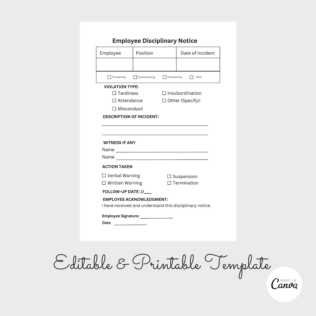 Employee Disciplinary Notice Form, Employee Warning Notice Form, HR ...
