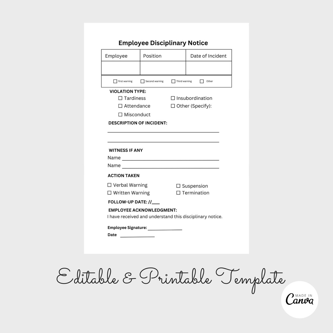 Employee Disciplinary Notice Form, Employee Warning Notice Form, HR ...