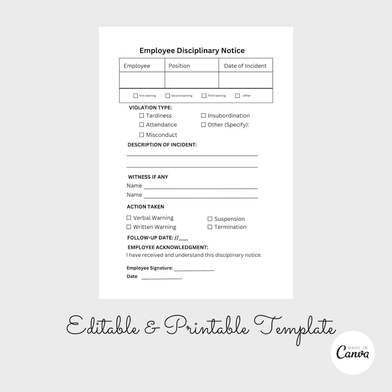Employee Disciplinary Notice Form, Employee Warning Notice Form, HR ...