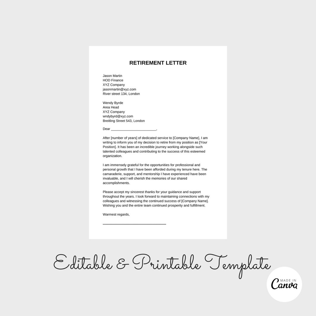 Retirement Letter, Letter of Retirement, Canva Retirement Notice Letter ...