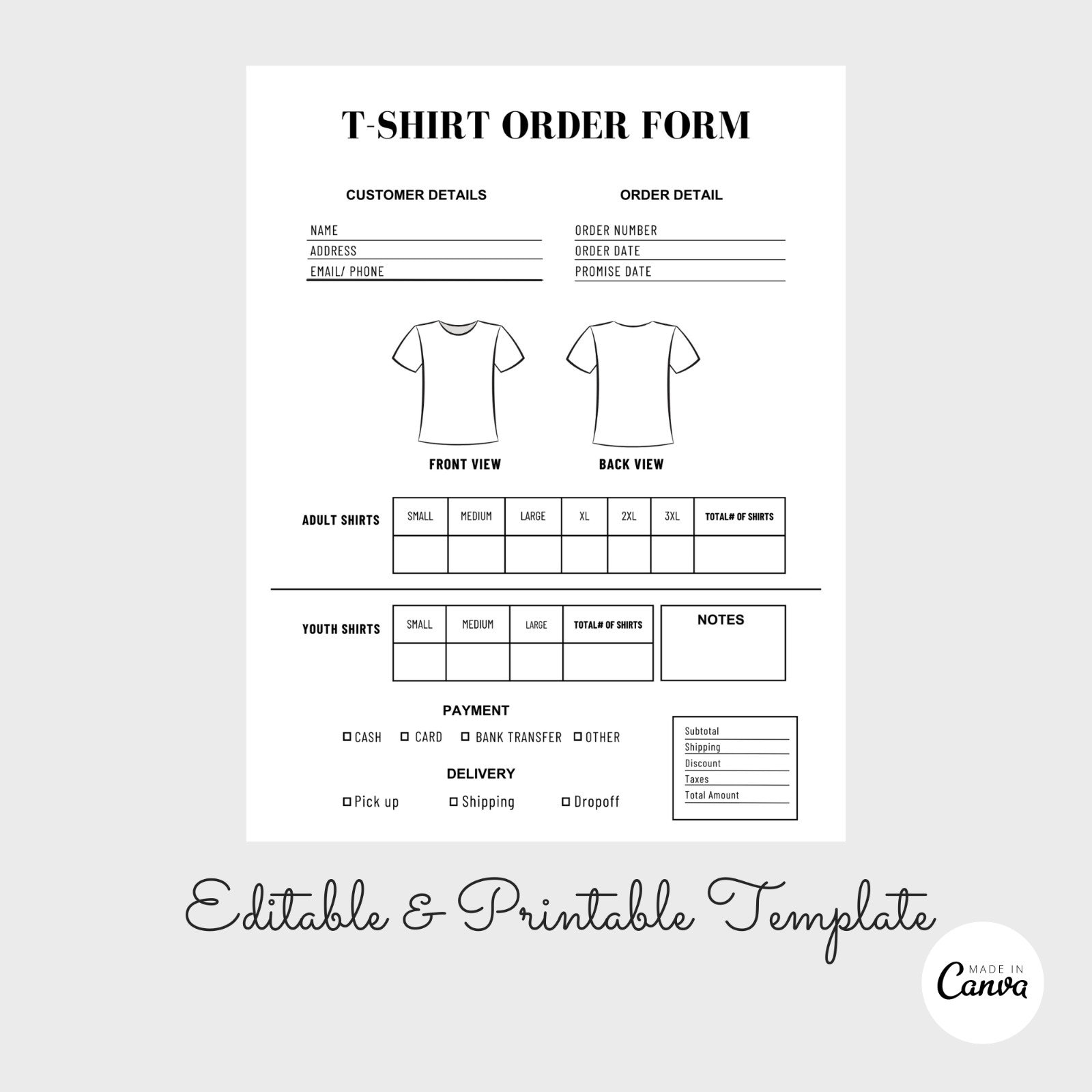 T-shirt Order Form, T-shirt Order Form Template PDF, Clothing Order ...
