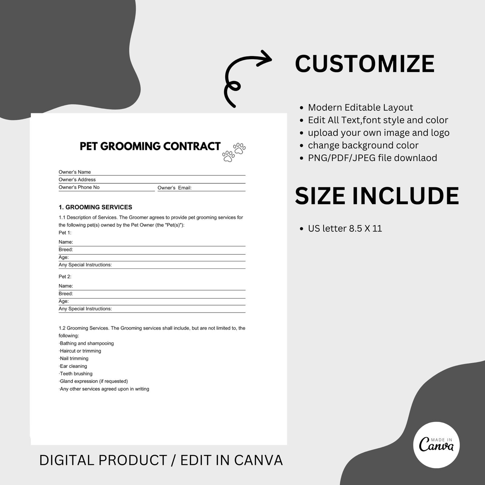 Pet Grooming Agreement Template, Editable Pet Grooming Form, Grooming ...