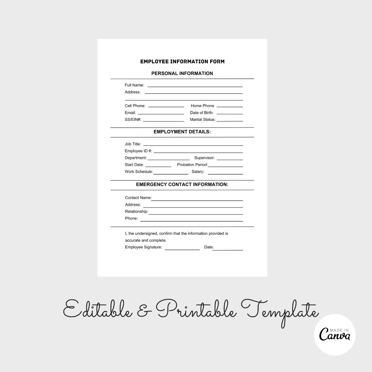 Employee Information Form, New Hire Paperwork, Employee Onboarding, HR ...
