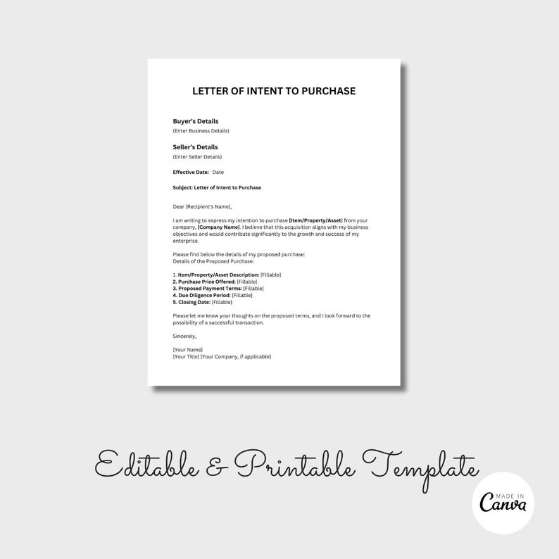 Letter of Intent to Purchase Template, Purchase Agreement, Vendor ...
