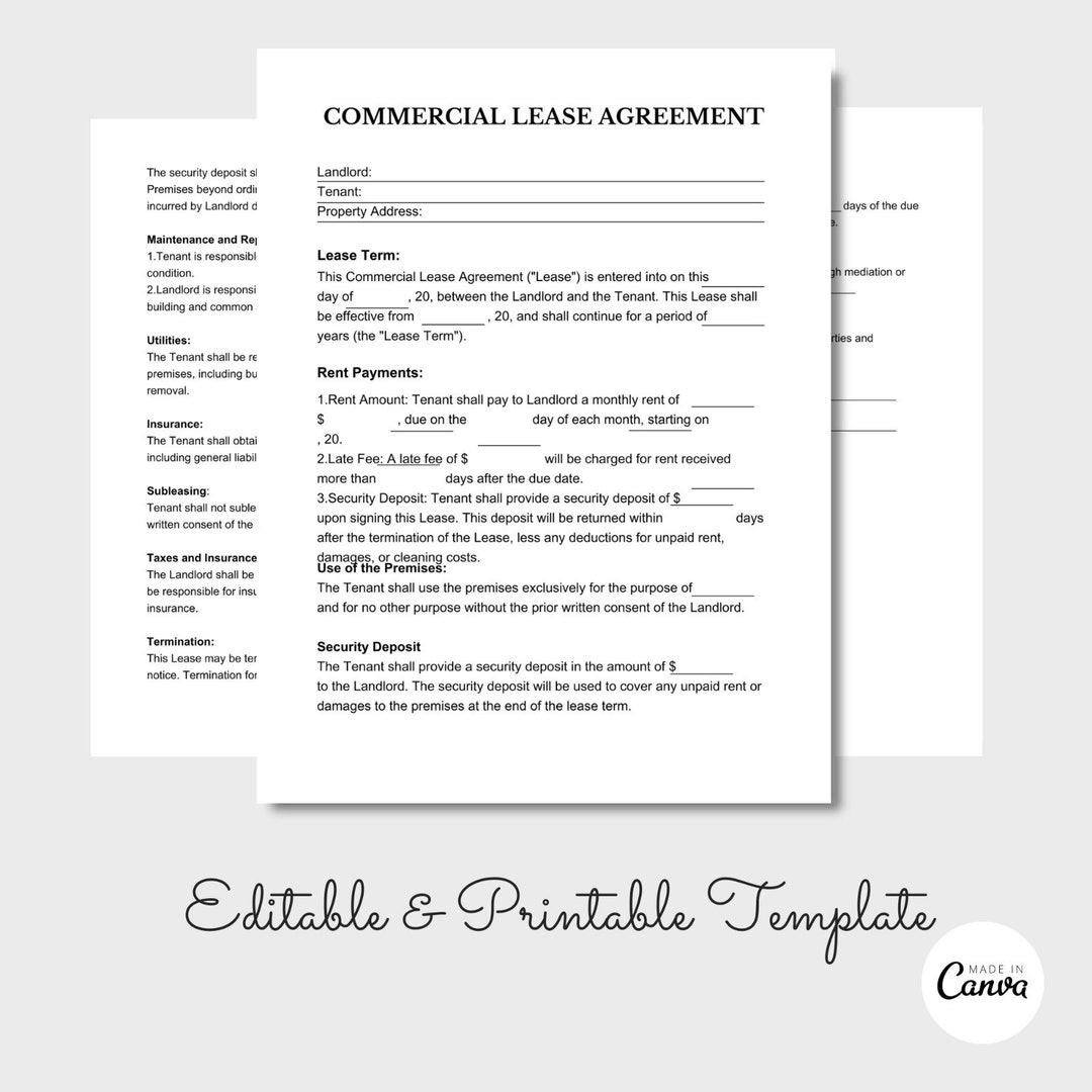Editable Commercial Lease Agreement, Property Lease Contract, Lease ...