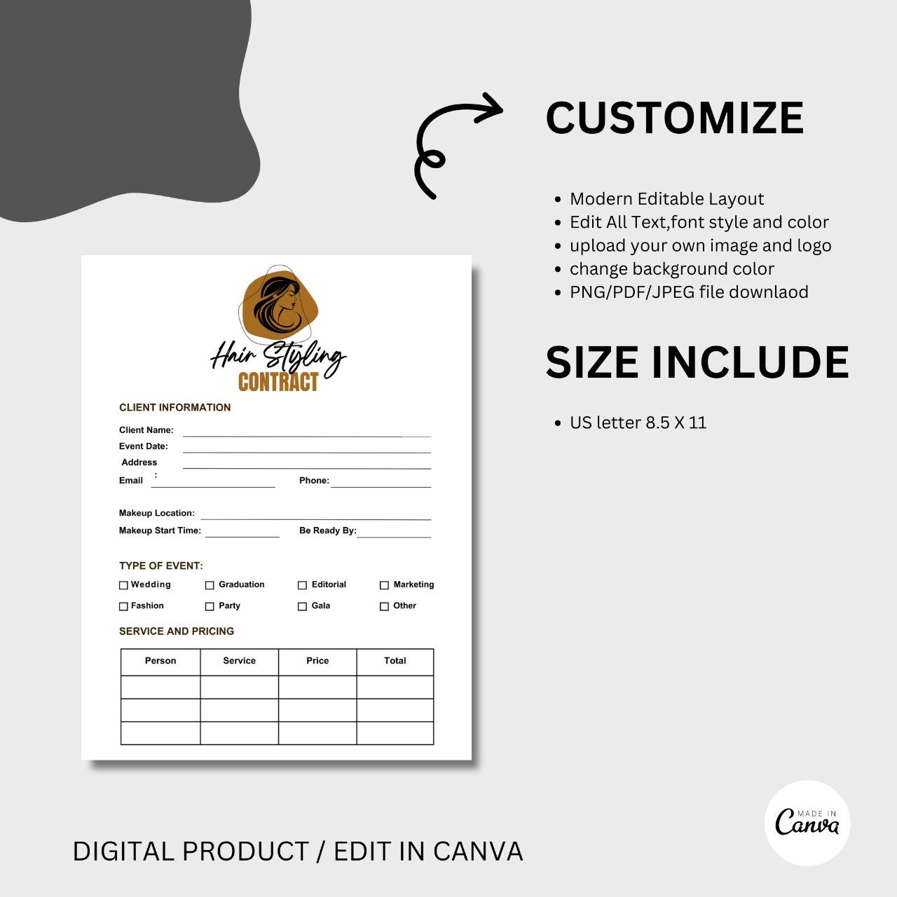 Hair Styling Contract Template, Wedding Hair Styling Service, Editable ...