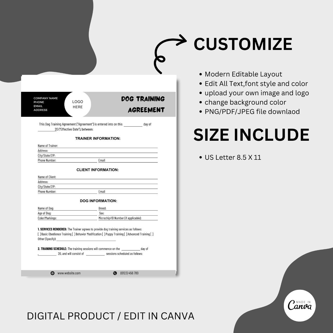 Dog Training Agreement, Dog Training Service Contract, Contract for Dog ...