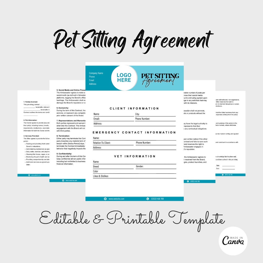 Pet Sitting Contract, Pet Sitting Form, Pet Sitting Agreement, Pet ...