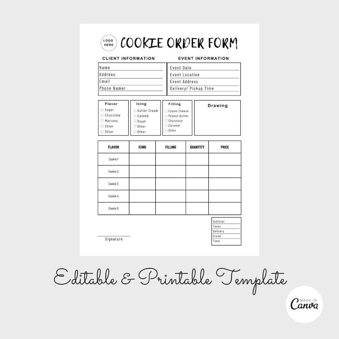 Custom Cookie Order Form, Bakery Order Form, Cake Order Form, Bakery ...