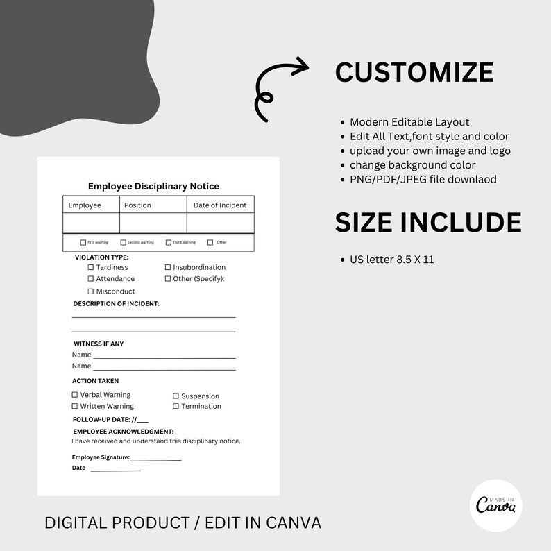 Employee Disciplinary Notice Form, Employee Warning Notice Form, HR ...