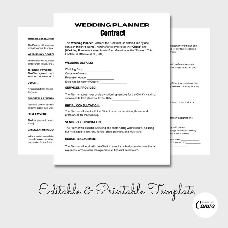 Wedding Planner Agreement, Planning Service Contract, Event Planner ...