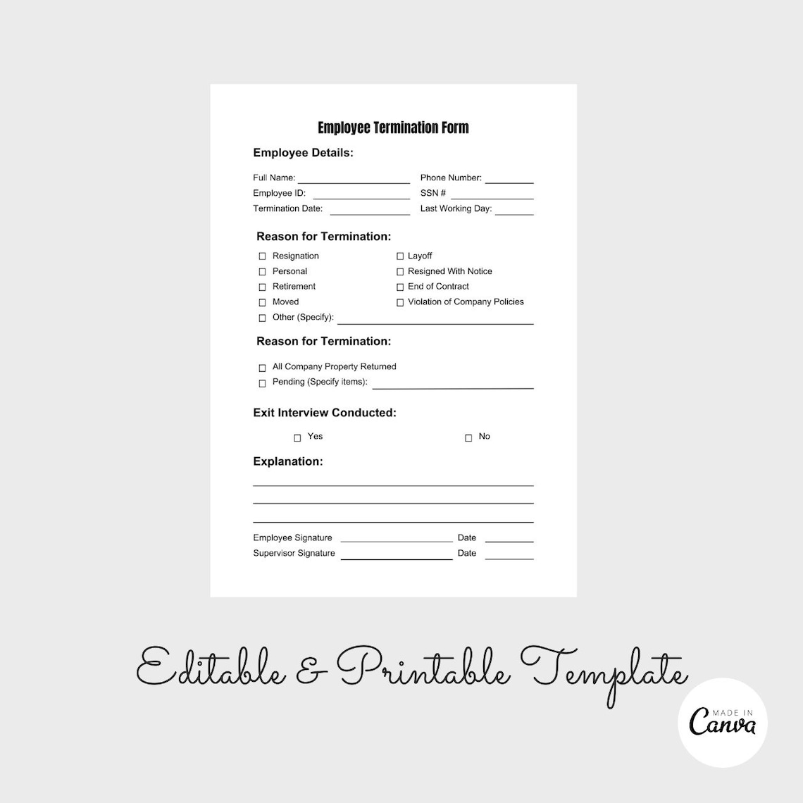 Employee Termination Form, Printable Employee Termination Form, HR ...