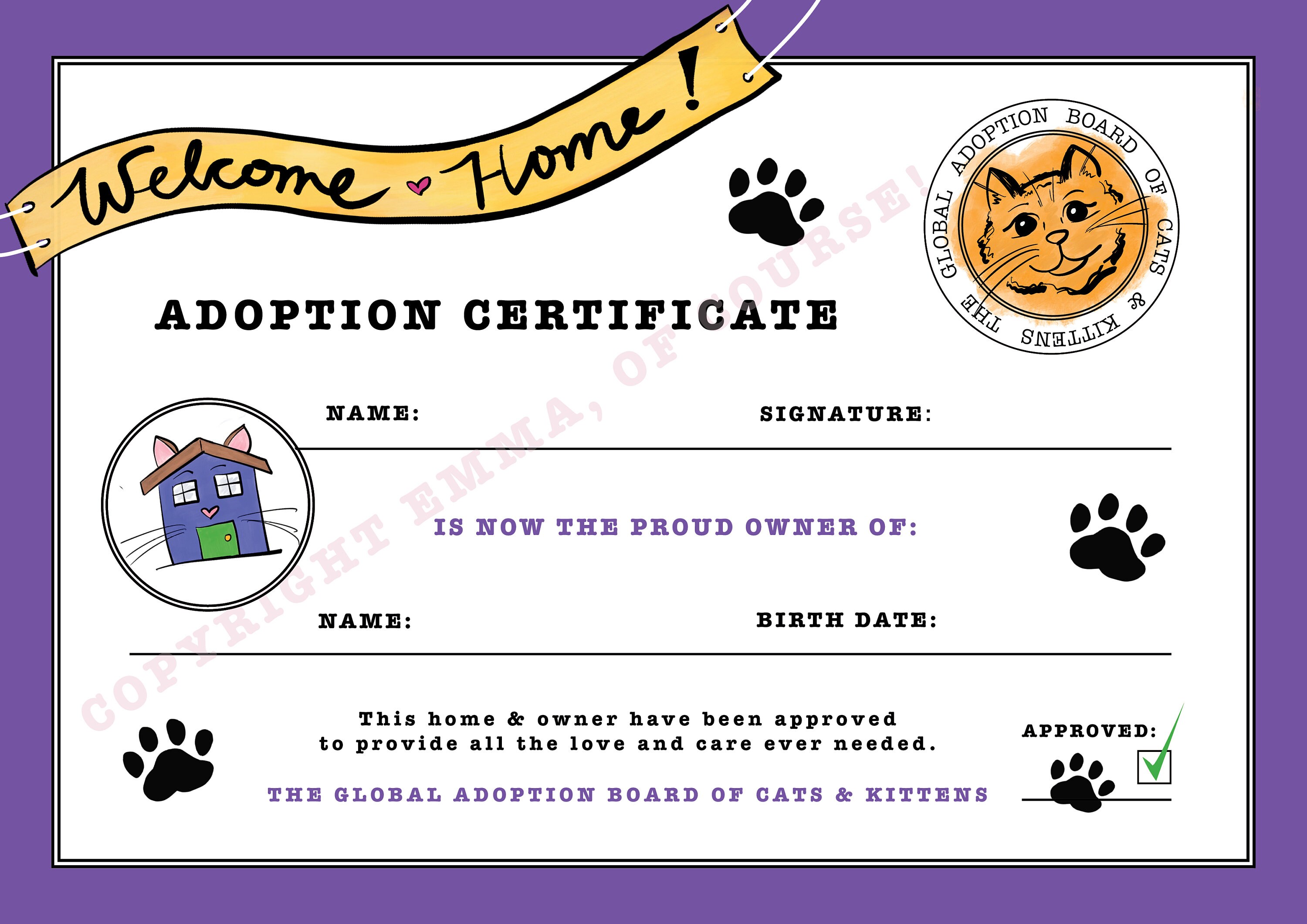 Cat Adoption Certificate | Cat Owner Certificate | for Kids & Fun Grown ...