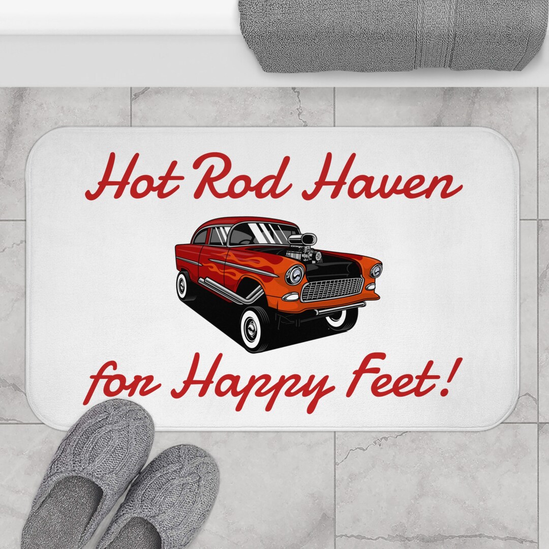 Red Hot Rod Bath Mat With Flames & Muscle Engine - Perfect for Car ...